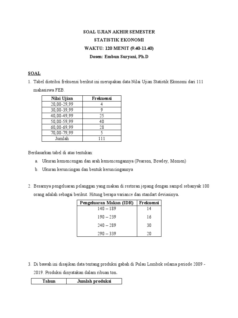 Soal UAS - Statistik Ekonomi - 2020 | PDF