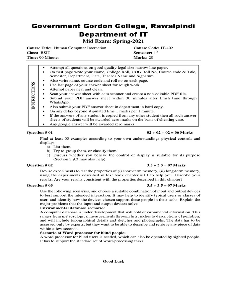 Government Gordon College, Rawalpindi Department of IT: Mid Exam ...