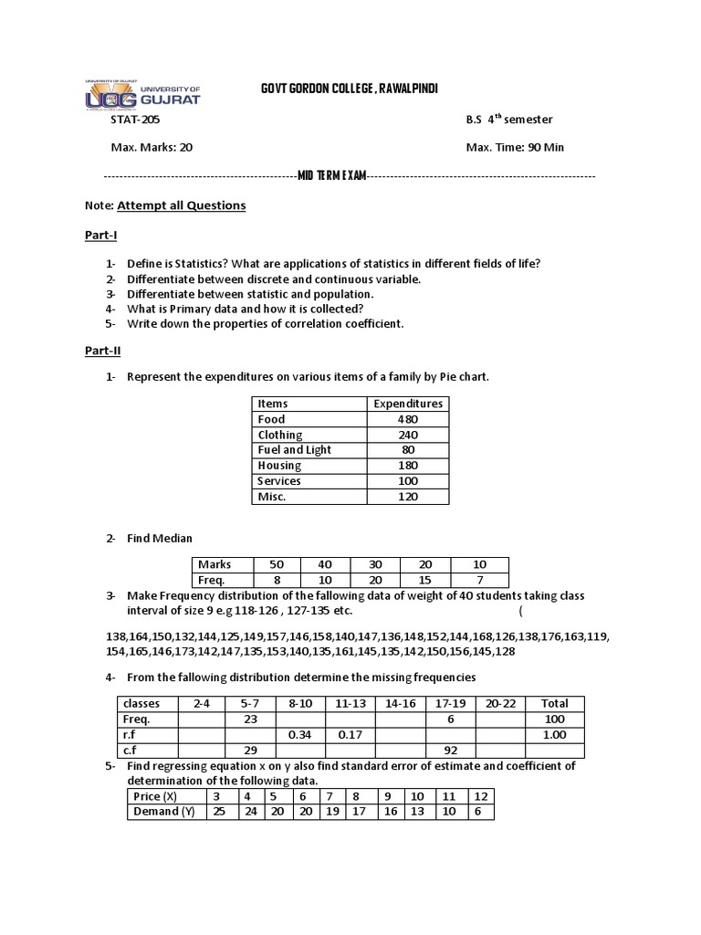 STAT 205 Midterm Question Paper | PDF | Statistics | Analysis