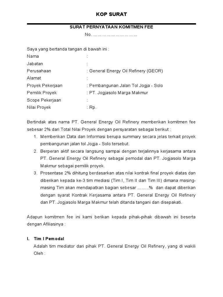 Draft Surat Pernyataan Komitmen Fee PT General Energy Oil Refinery | PDF