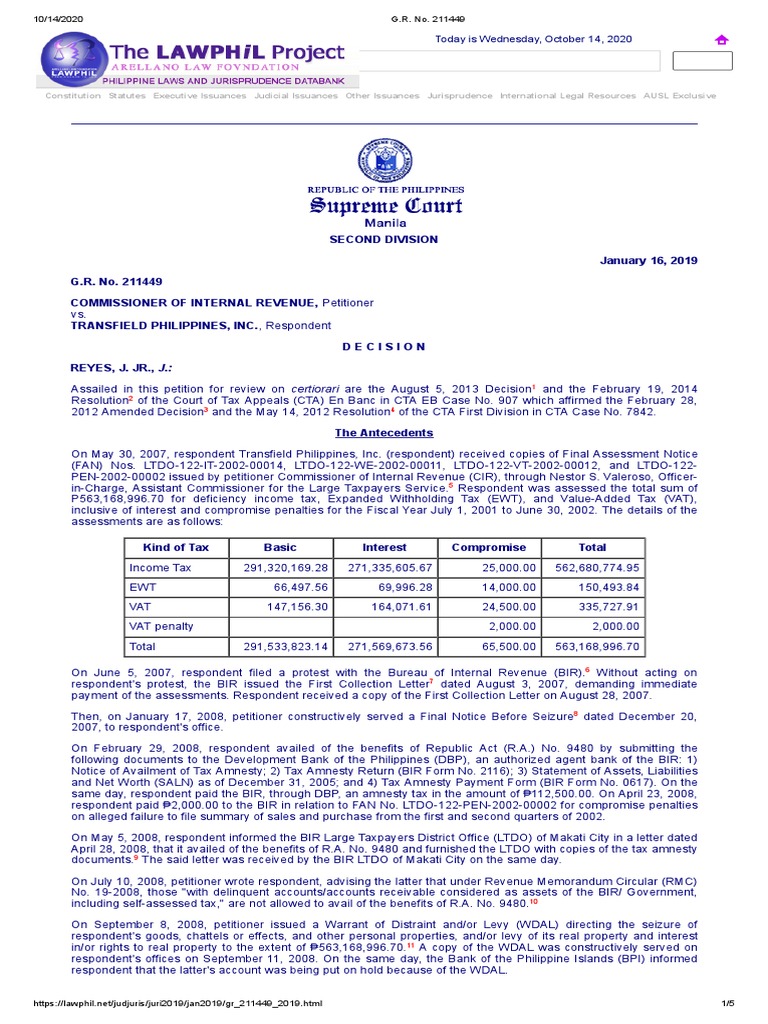 CIR vs. Transfield | PDF | Internal Revenue Service | Statutory ...