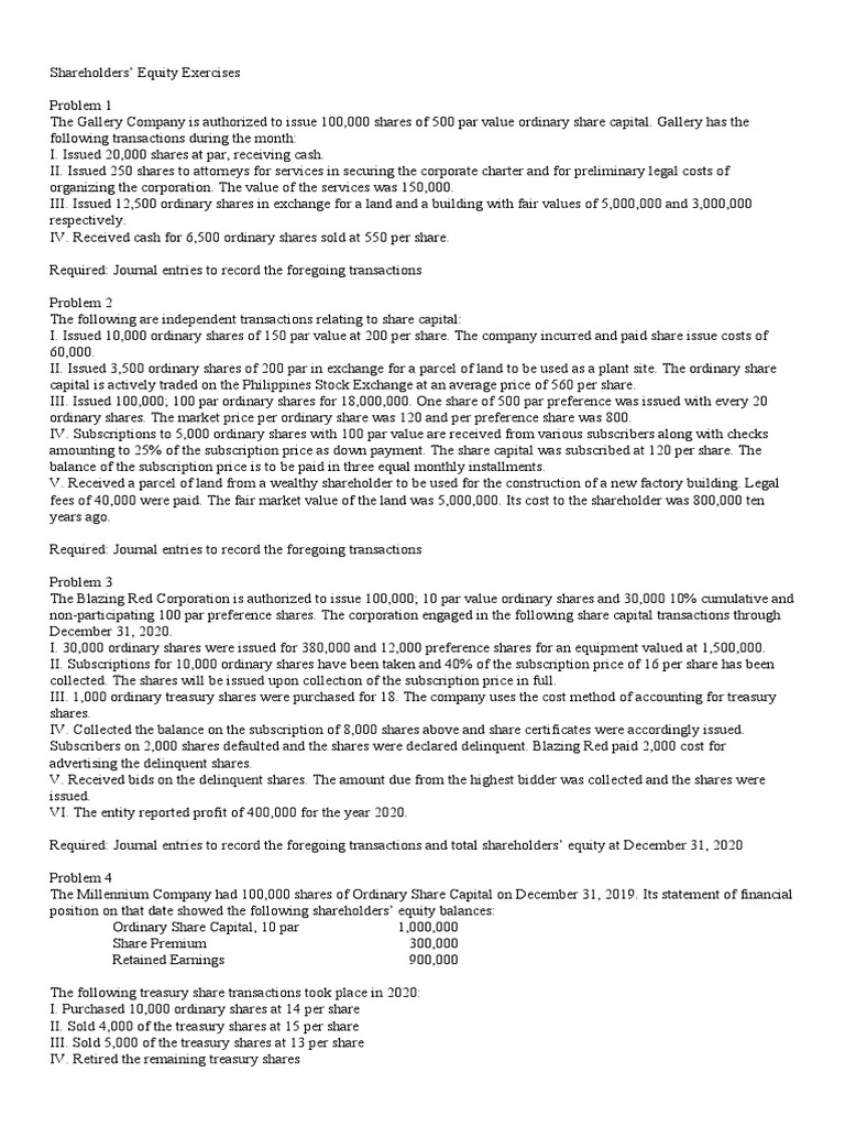 Journal Entries for Shareholders' Equity Transactions of Gallery ...
