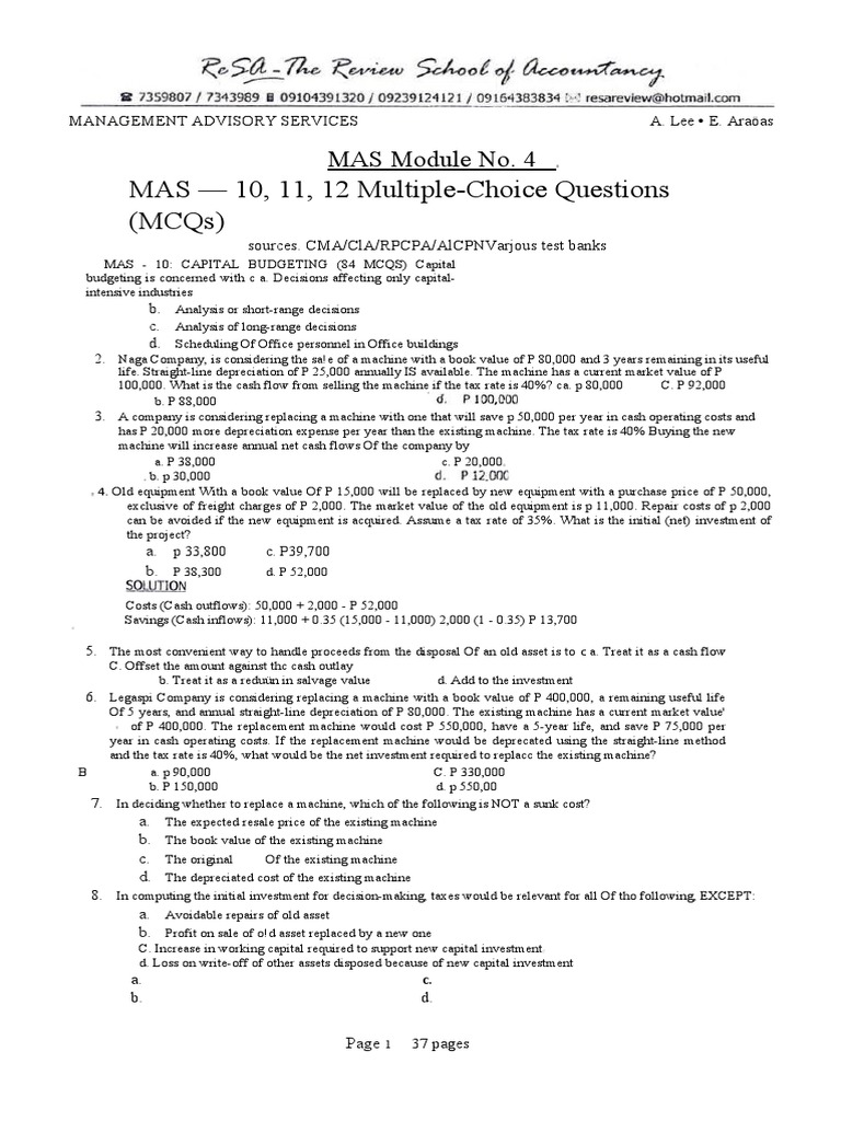 Mas - 10, 11, 12 Multiple-Choice Questions (MCQS) | PDF | Net Present ...