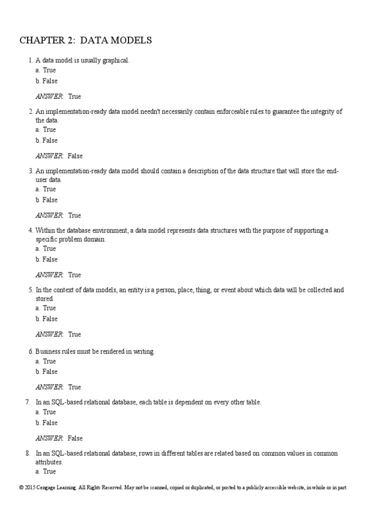 Chapter 2: Data Models: Answer: True | PDF | Relational Database | Data Model