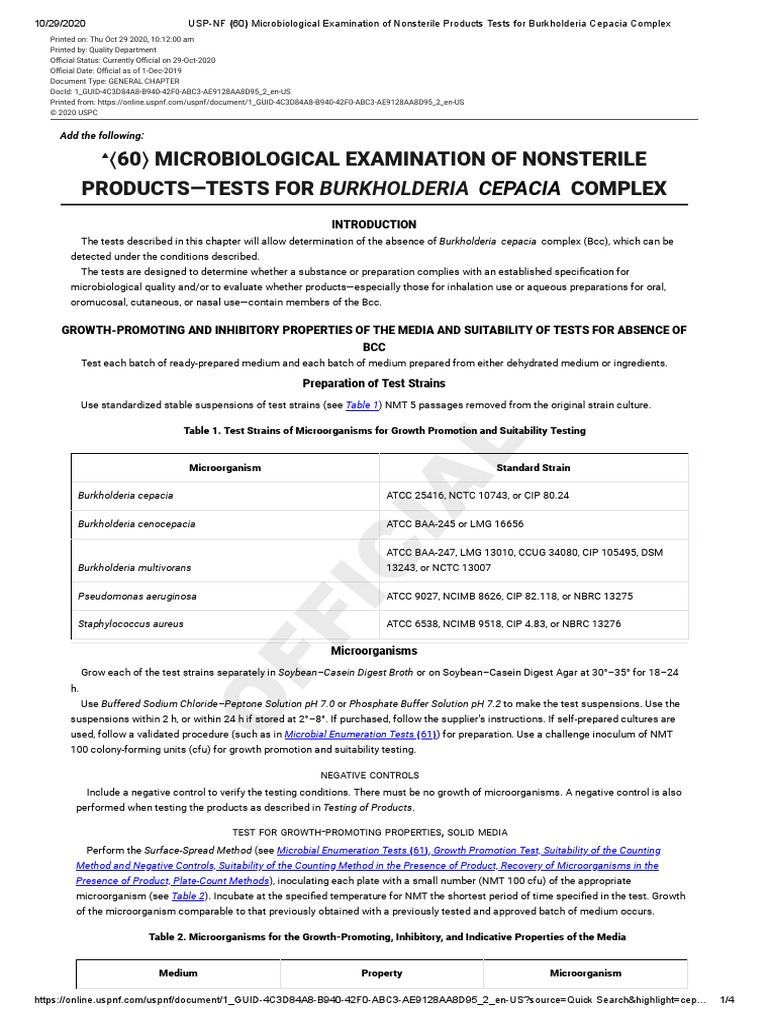 USP-NF 60 Microbiological Examination of Nonsterile Products Tests For ...