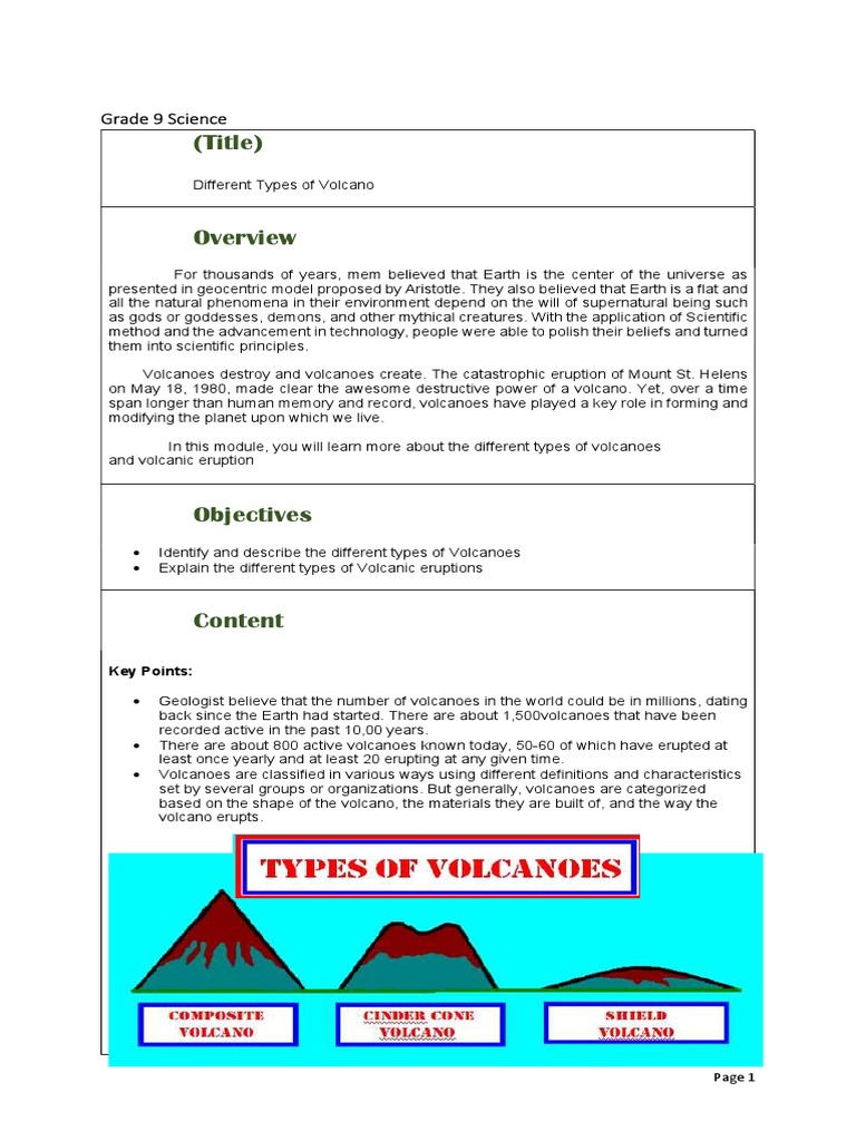 (Title) : Grade 9 Science | PDF | Types Of Volcanic Eruptions | Volcano