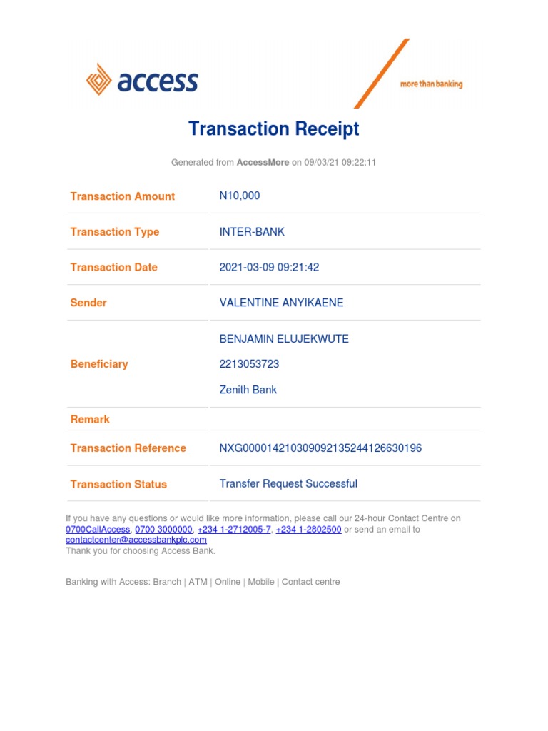 Access Bank Transfer Receipt Details | PDF