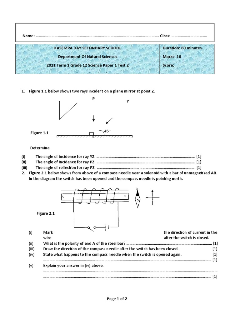 2021 Term 1 Grade 12 Science Paper 1 Test 2 | PDF | Electromagnetic ...