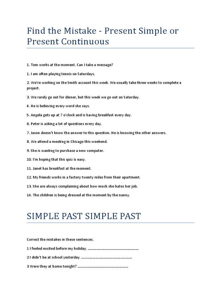 Find The Mistake - Present Simple or Present Continuous | PDF ...