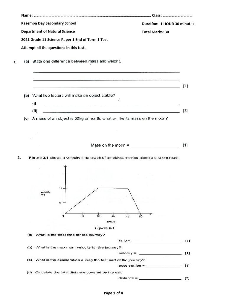2021 Grade 11 Science Paper 1 End of Term 1 Test | PDF