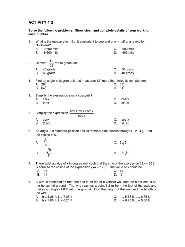 Activity # 3 Trigonometry-Mathematics | PDF | Sine | Trigonometric ...