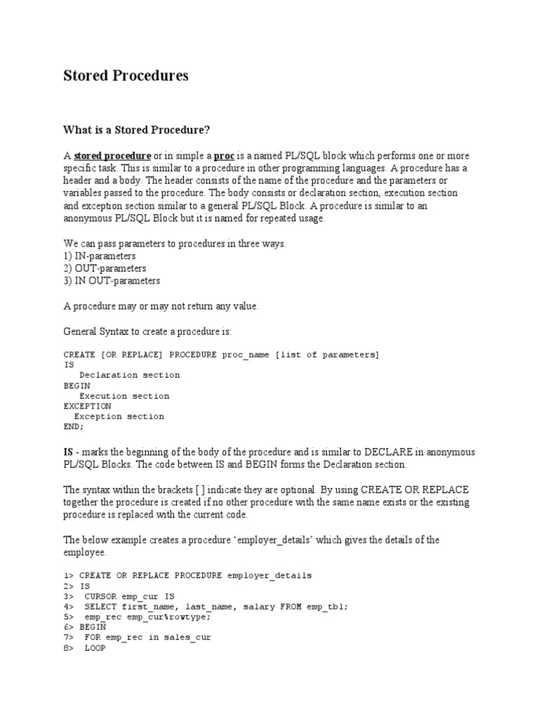 Stored Procedures What Is A Stored Procedure Pdf Parameter Computer Programming Pl Sql