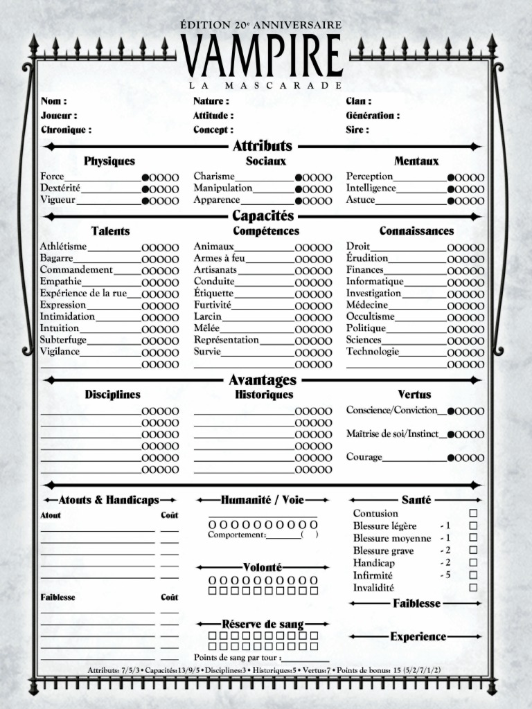 Vampire La Mascarade - Feuille de Personnage 8° | PDF
