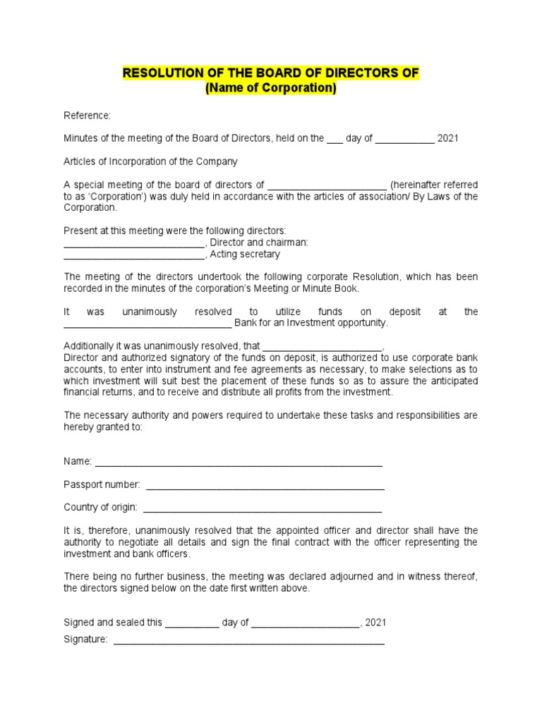Resolution of The Board of Directors of | PDF | Notary Public | Board ...