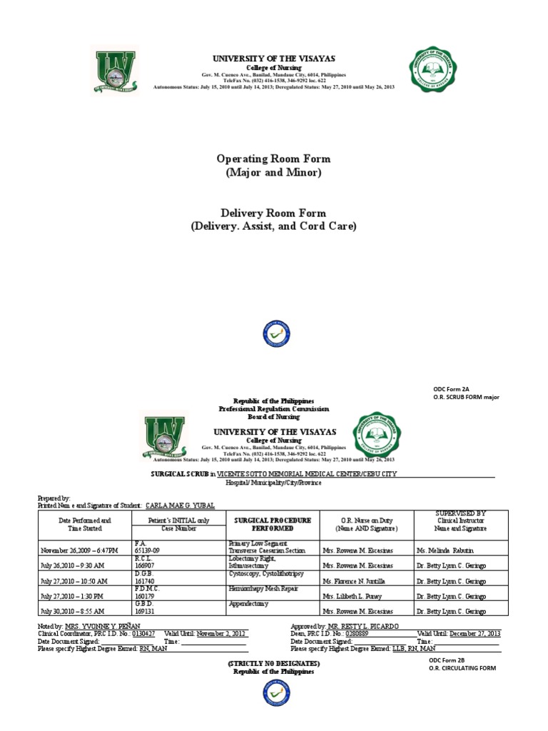 Operating Room Form (Major and Minor) : University of The Visayas | PDF ...