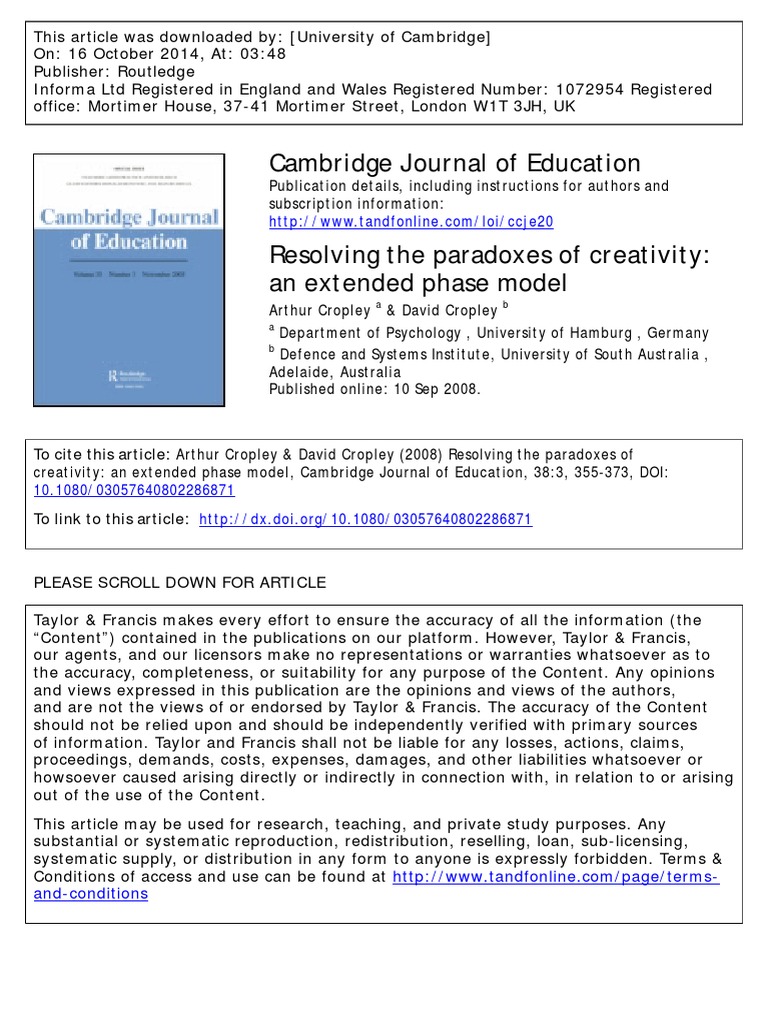 Cambridge Journal of Education: To Cite This Article: Arthur Cropley & David Cropley (2008 ...