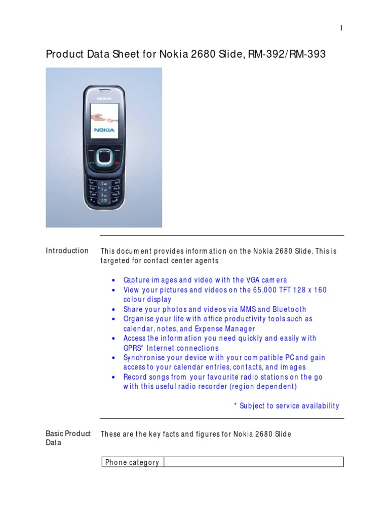 Product Data Sheet For Nokia 2680 Slide, RM-392/RM-393 | PDF ...