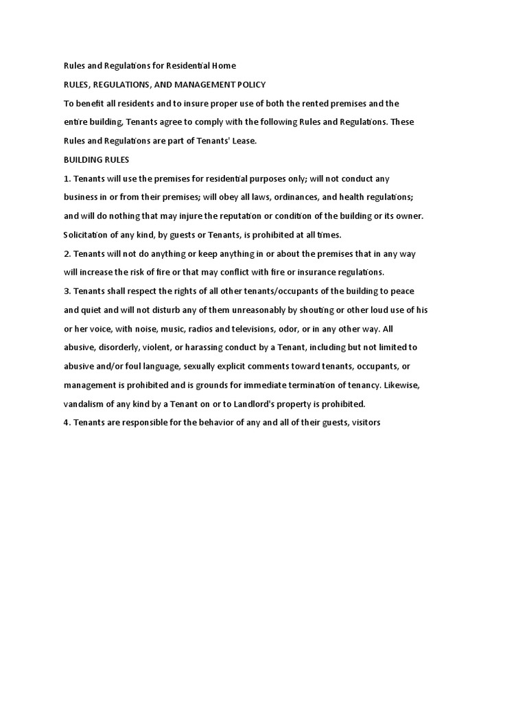 Residential Home Rules and Regulations | PDF