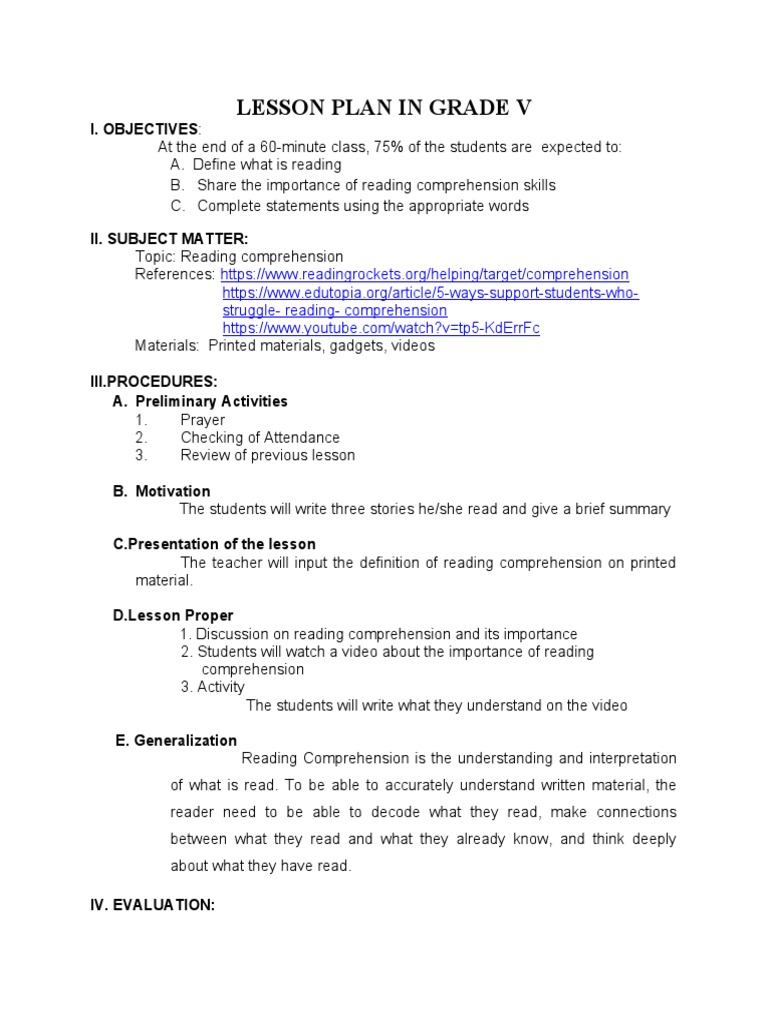 Grade 5 Reading Comprehension Plan | PDF