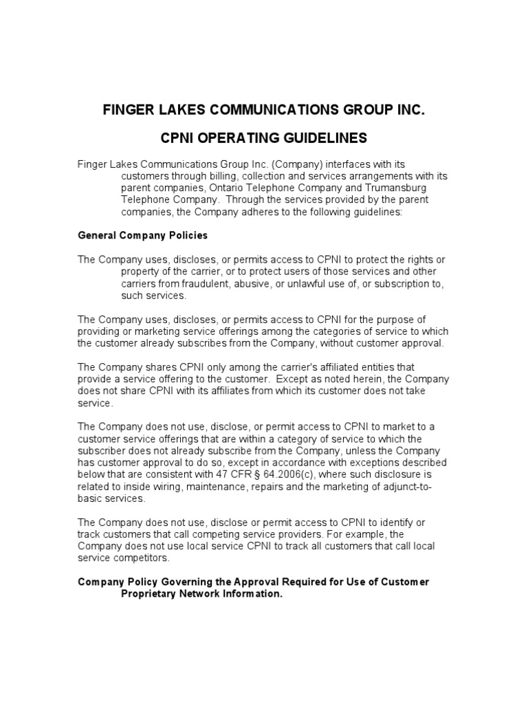 Finger Lakes Communications Group Inc. Cpni Operating Guidelines | PDF ...