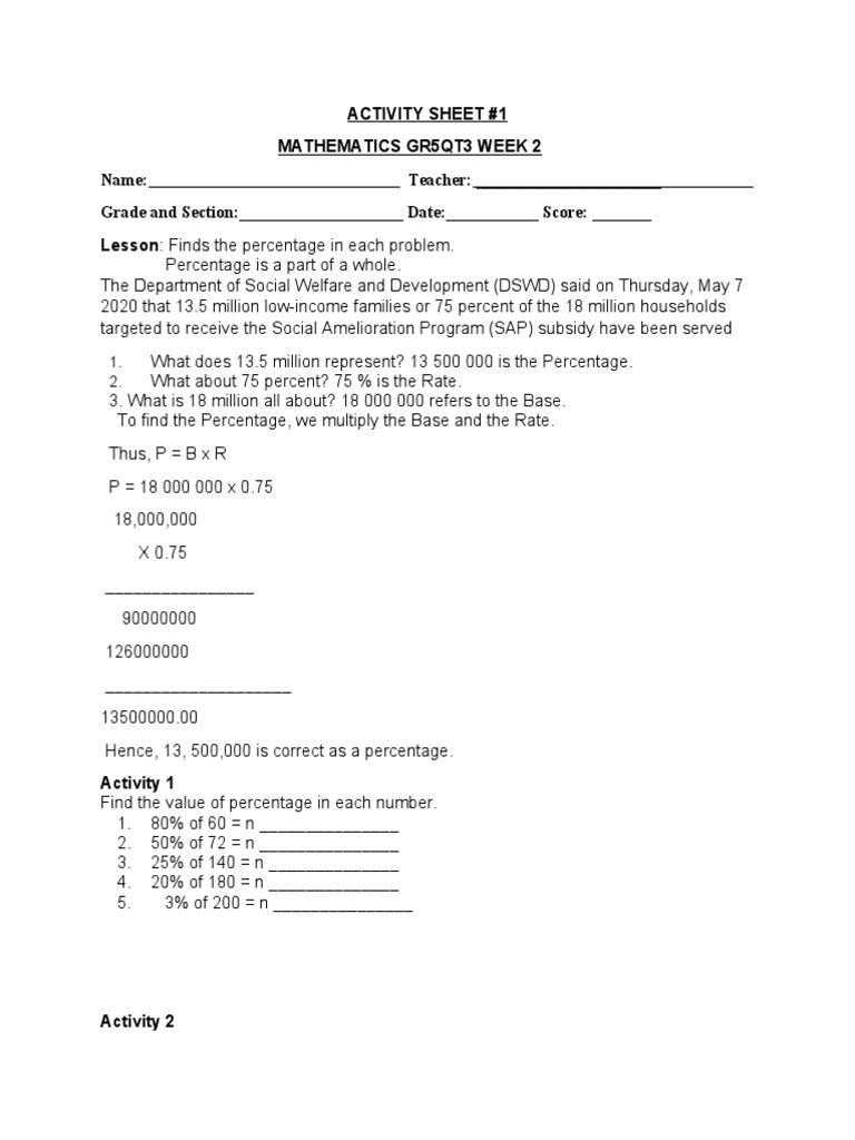 Las Math 5 Q3 Week 2 | PDF | Percentage | Teaching Mathematics