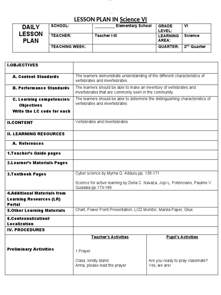 Grade 6 Lesson Plan: Vertebrates vs Invertebrates | PDF | Invertebrate ...