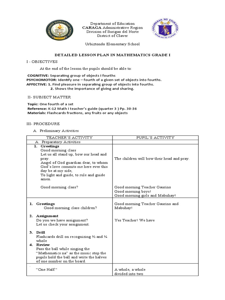Grade 1 Math Lesson: One Fourth | PDF | Cognition | Behavior Modification