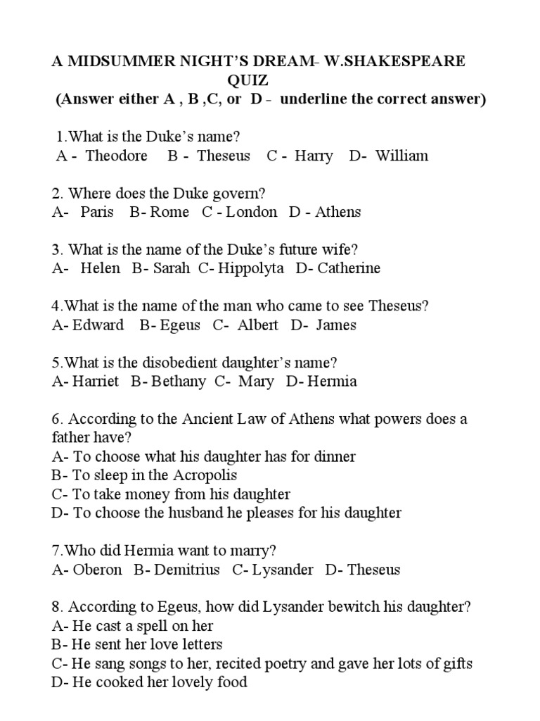 A Midsummer Night'S Dream-W.Shakespeare Quiz (Answer Either A, B, C, or ...