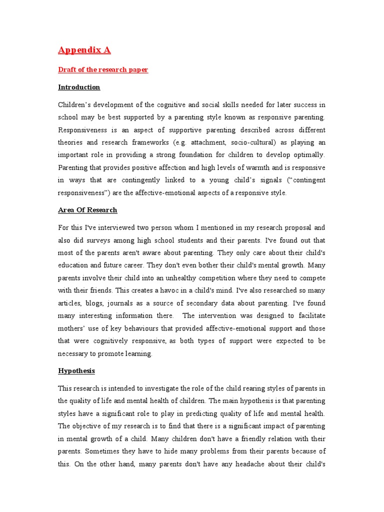 Appendix A: Draft of The Research Paper | PDF | Parenting | Relationships
