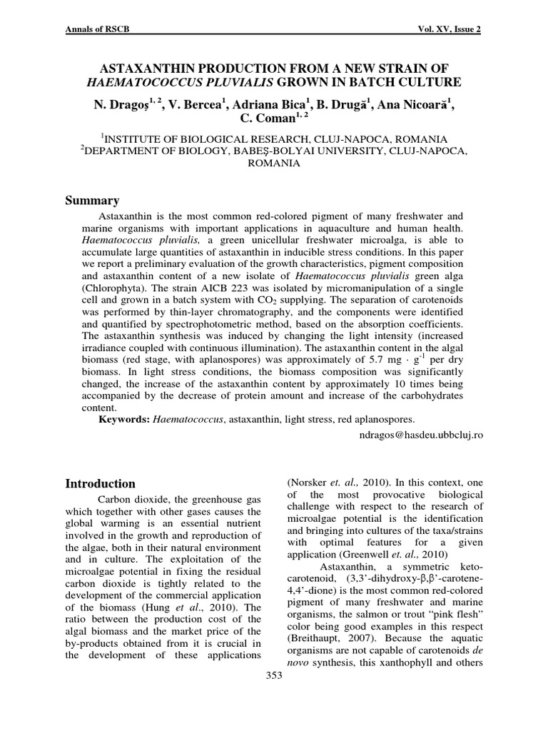 Astaxanthin Production From A New Strain of | PDF | Algae | Organisms
