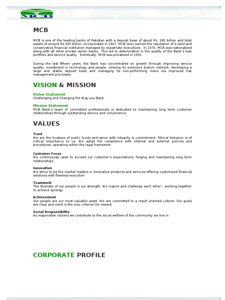 MCB Bank Vision and Mission Overview | PDF | Transaction Account ...