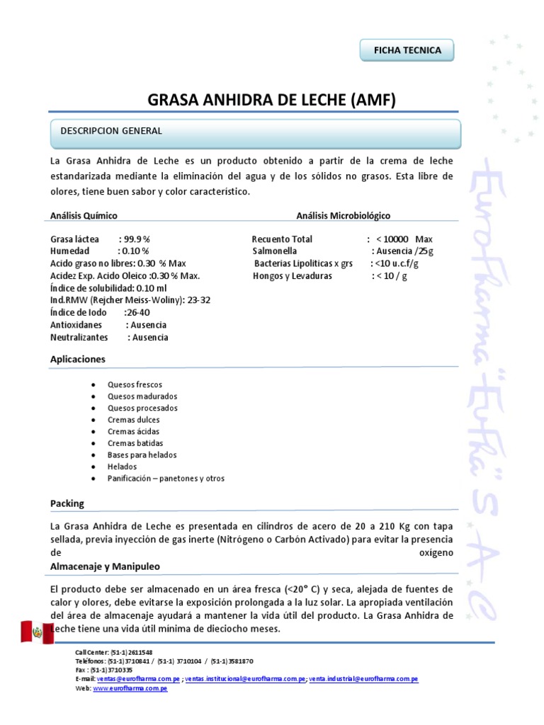 Grasa Anhidra de Leche (Amf) : Ficha Tecnica | PDF