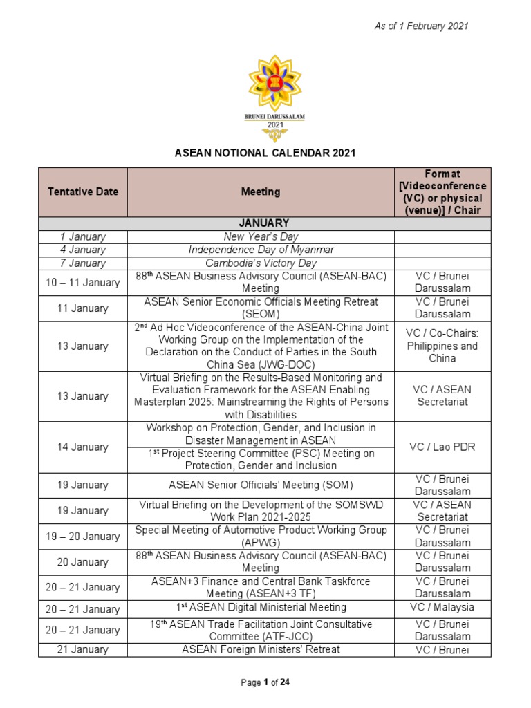 ASEAN Notional Calendar 2021 As of 1 Feb 2021 For Circulation | PDF ...