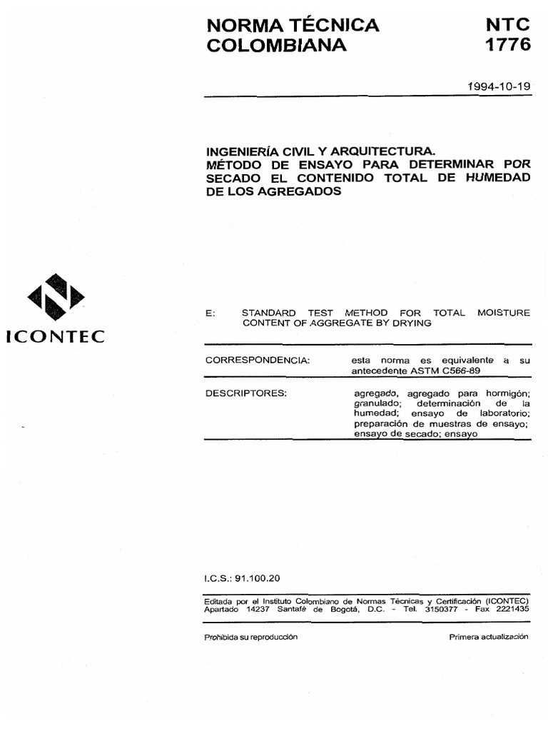 NTC 1776 (2) Ensayo para Determinar Por Secado El Contenido Total de ... NTC 1776 (2) Ensayo para Determinar Por Secado El Contenido Total de ...