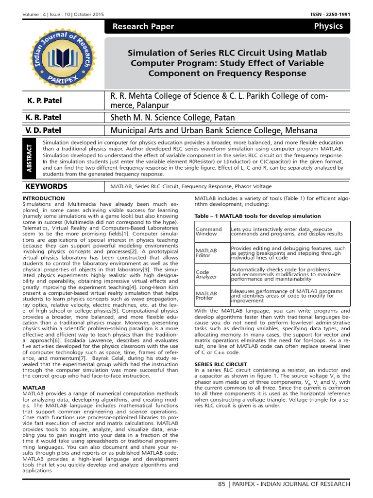 Simulation of Series RLC Circuit Using Matlab Computer Program: Study ...