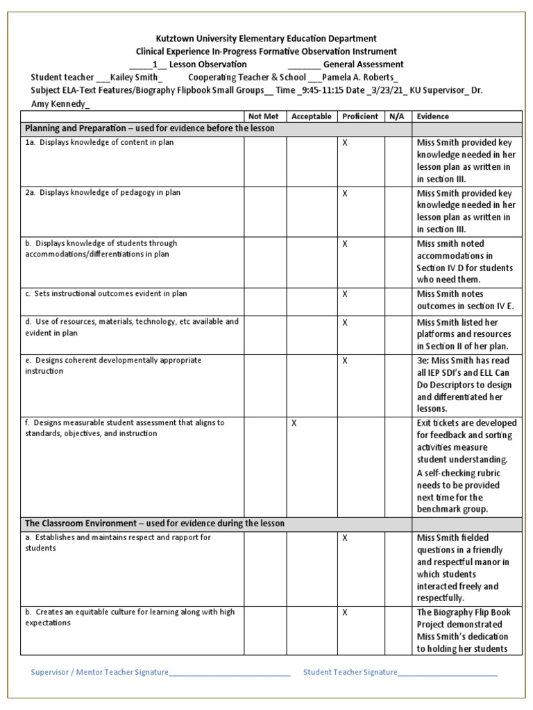 First Obseration Kailey Smith El Ed Adapted Danielson Observation ...
