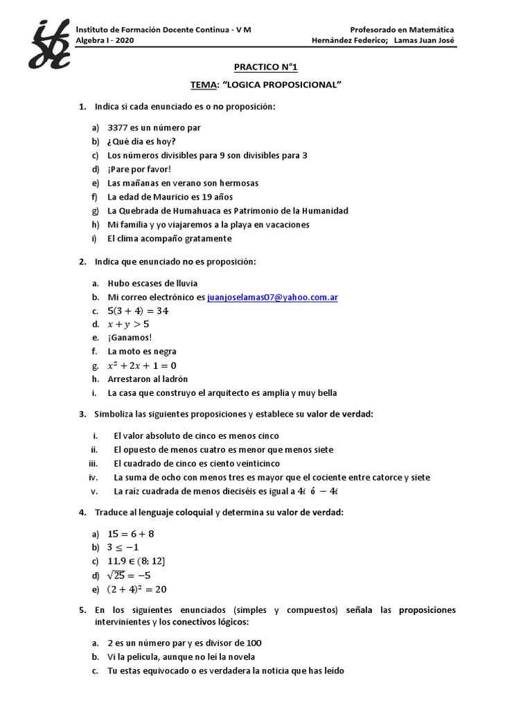 TP 1 - Algebra I - Logica Proposicional - 2020 | PDF | Proposición | Expresiones lógicas
