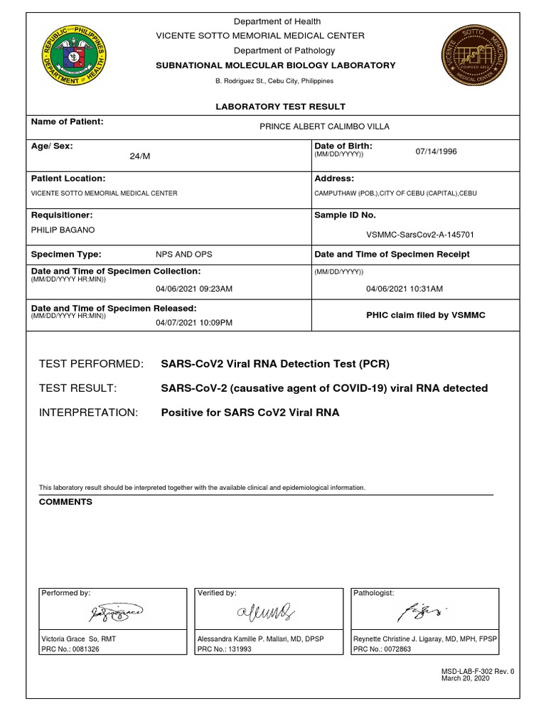 Swab Result | PDF | Pathology | Health Care