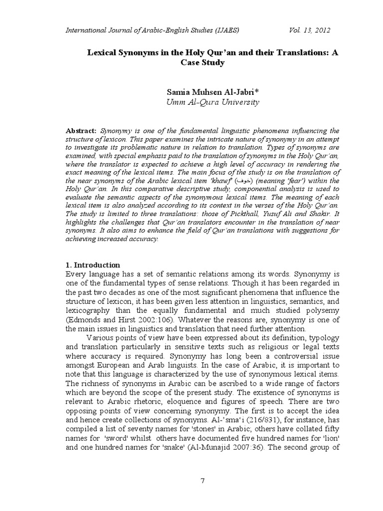 Lexical Synonyms in The Holy Qur'an and Their Translations: A Case ...