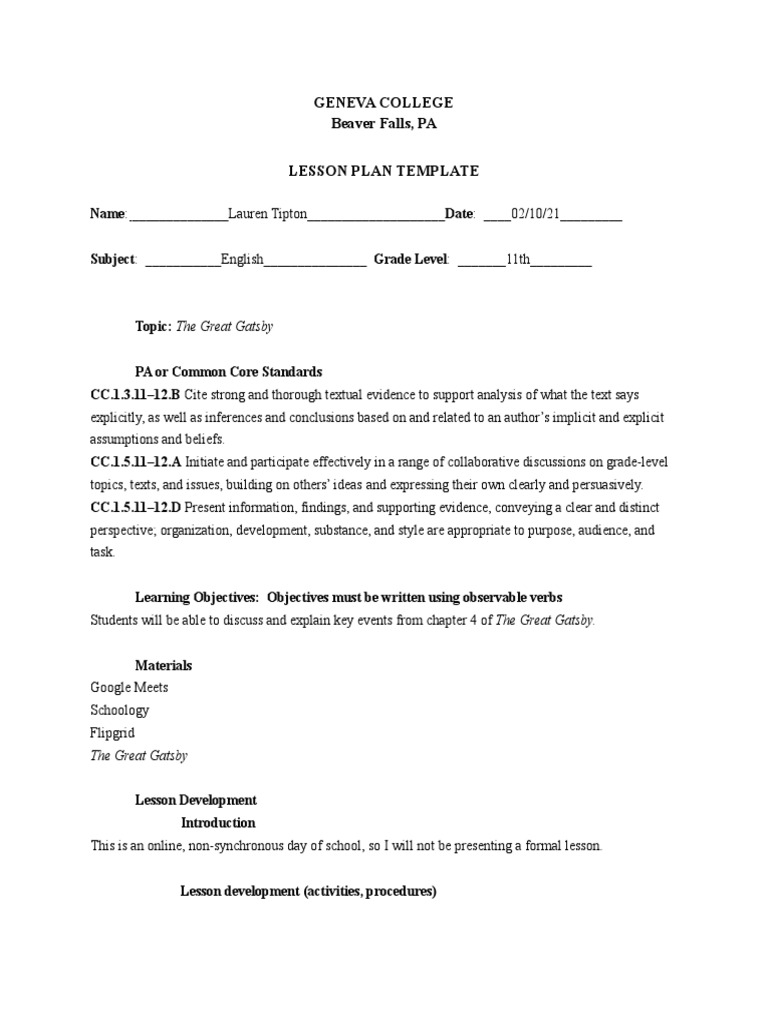 The Great Gatsby Lesson Plan | PDF | Differentiated Instruction ...