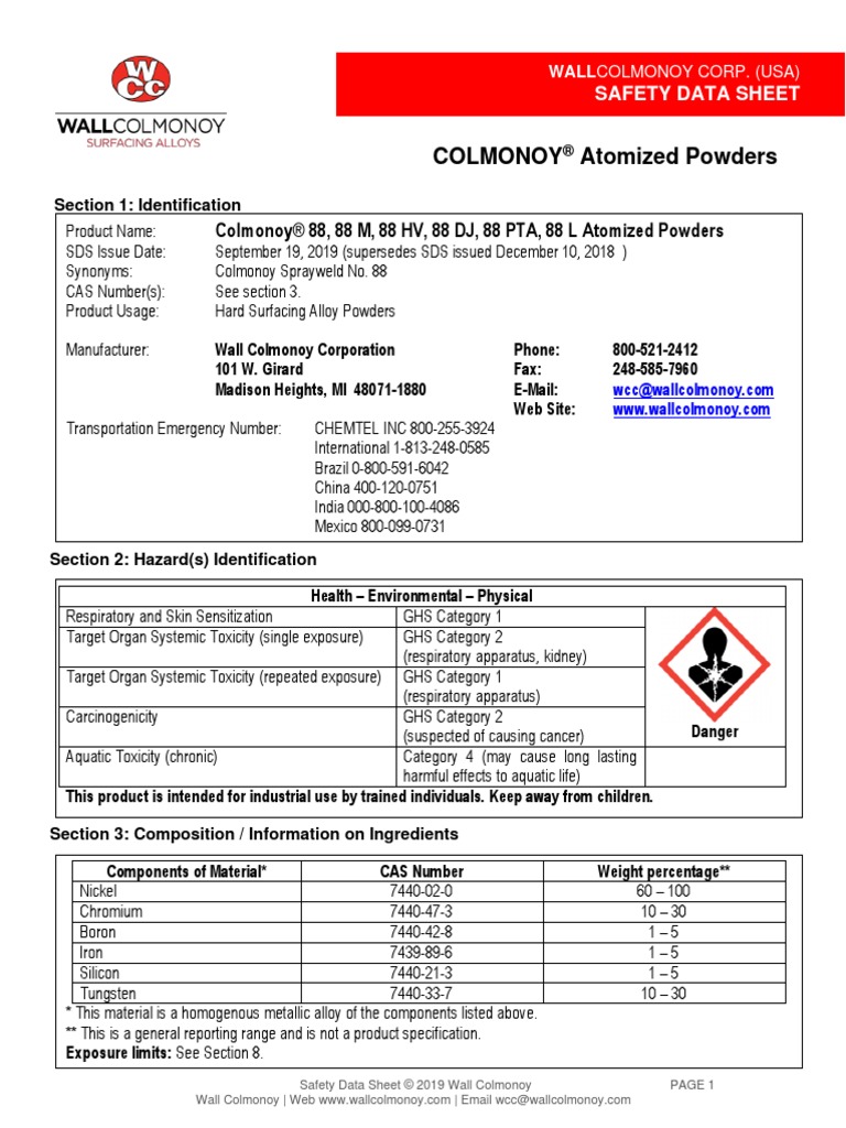 WCC - Colmonoy 88, 88M, 88HV, 88DJ, 88PTA SDS 9-2019 | PDF | Toxicity ...