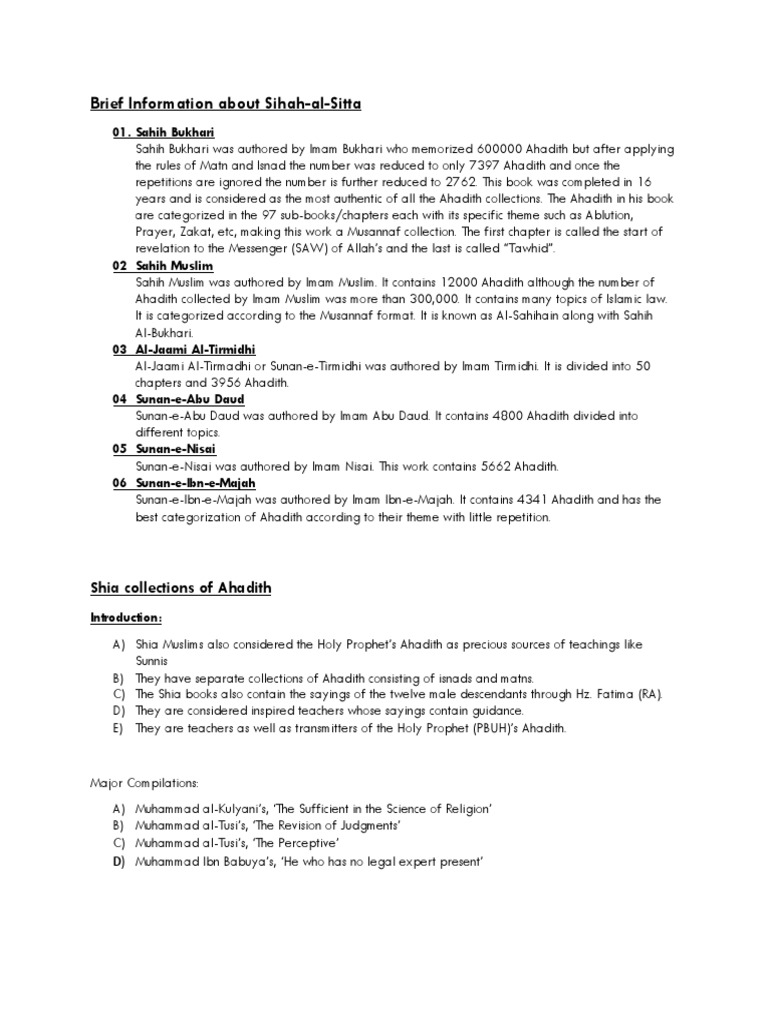 Brief Information About Sihah-al-Sitta: 01. Sahih Bukhari | PDF ...