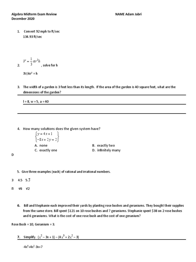 Algebra Midterm Exam Review Guide | PDF | Quadratic Equation | Abstract ...