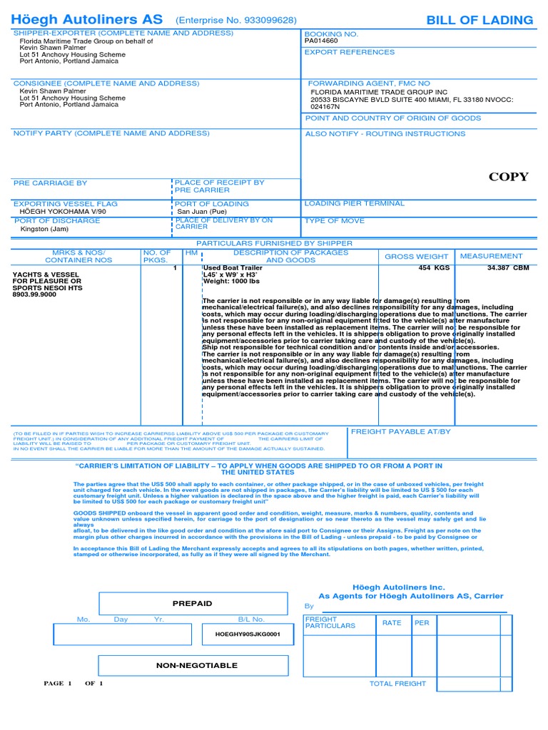 HOEGHY90SJKG0001 | PDF | Cargo | Bill Of Lading