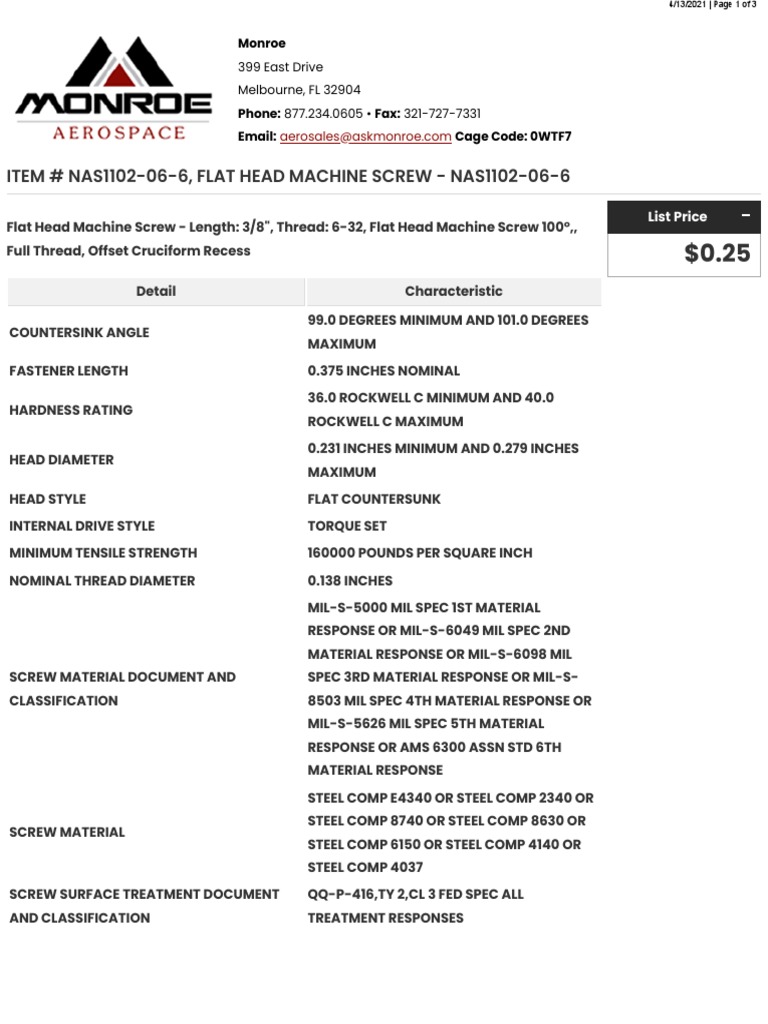 NAS1102!06!6 FlatHeadMachineScrew NAS1102 06 6 | PDF | Screw | Metalworking