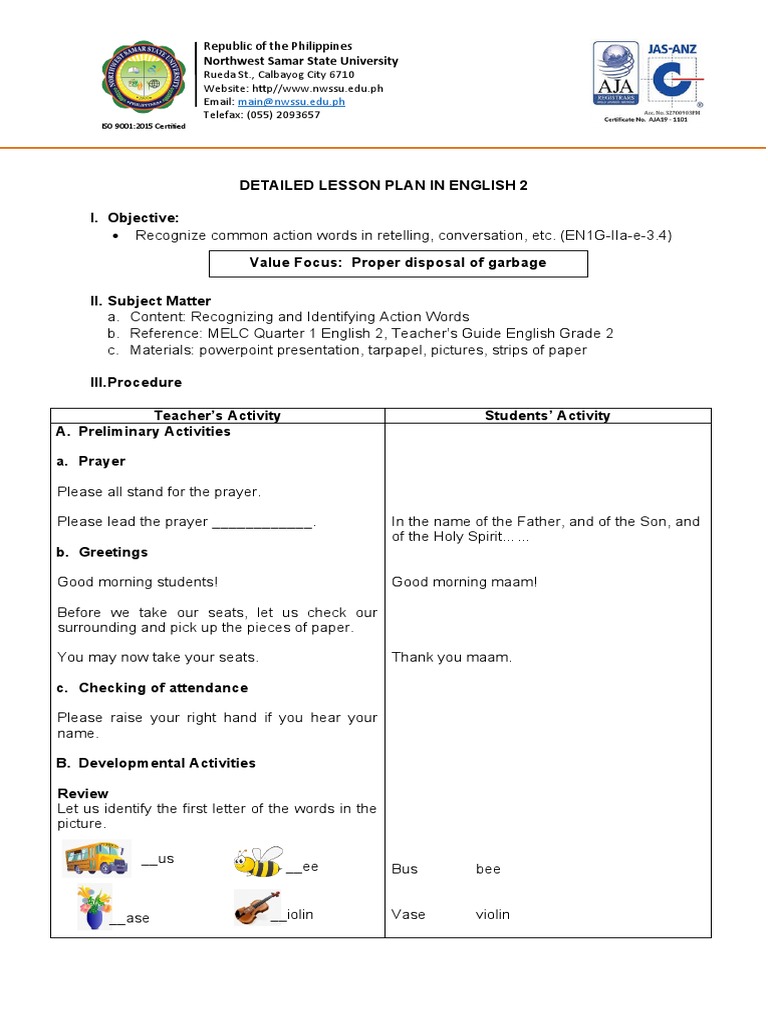 Detailed Lesson Plan: Action Words in English 2 | PDF | Lesson Plan