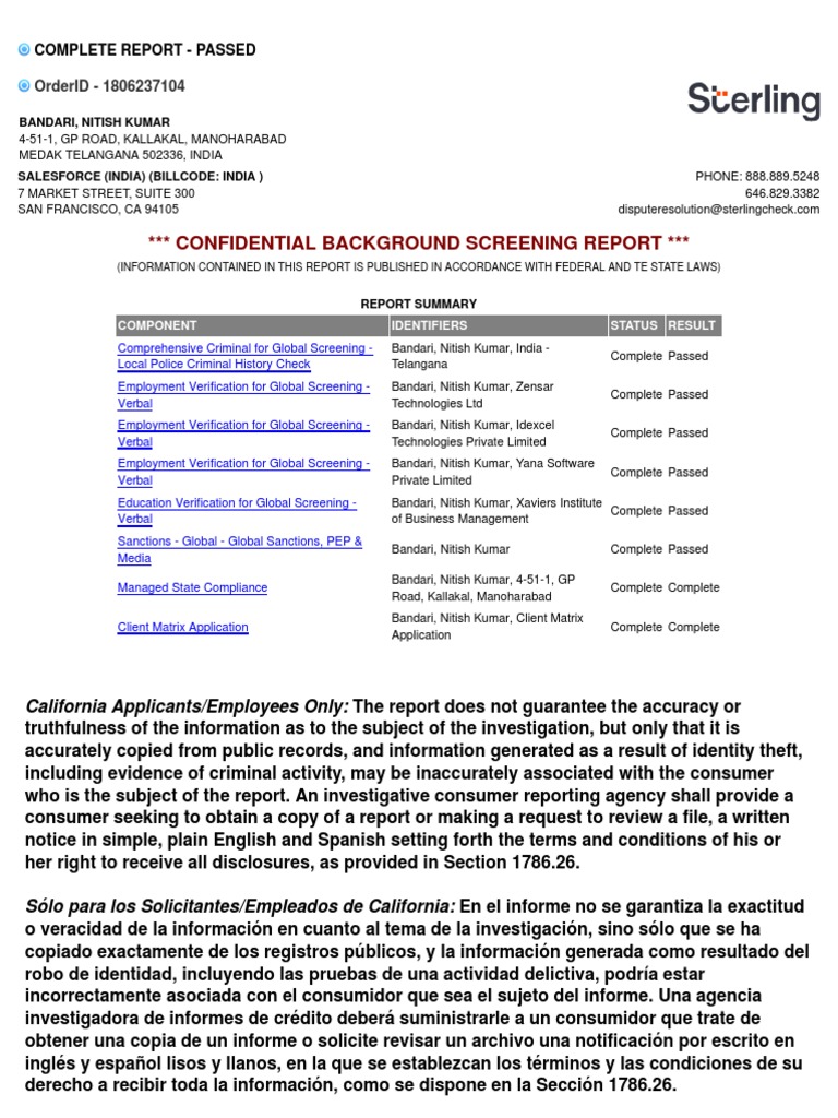 Confidential Background Screening Report : Orderid - 1806237104 | PDF ...