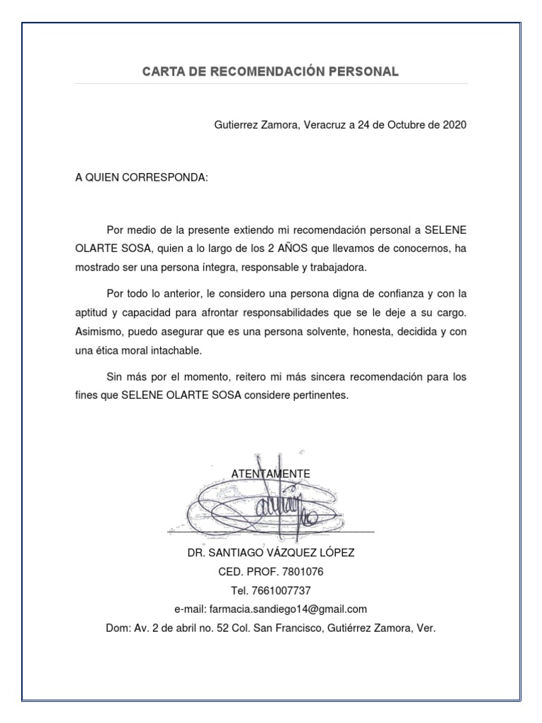 Carta de Recomendación Personal para Selene Olarte | PDF | Salud y ...