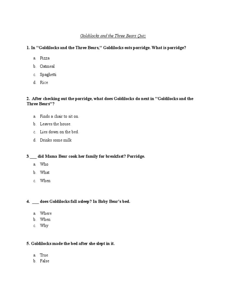 Goldilocks and The Three Bears Quiz | PDF