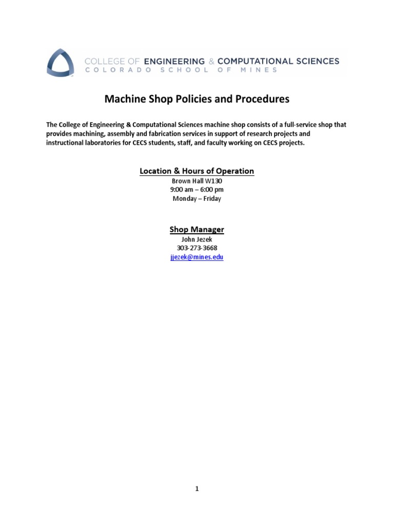 Machine Shop Policies and Procedures Rev 7-14-15 | Download Free PDF ...